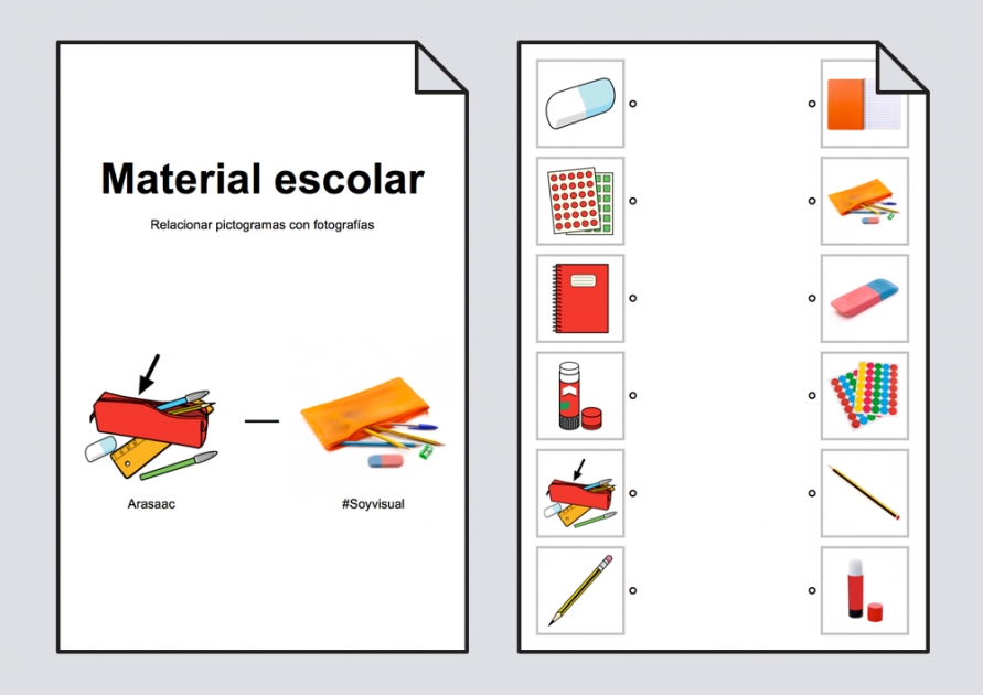 Relacionar material escolar: pictogramas-fotografías: Relaciones #Soyvisual